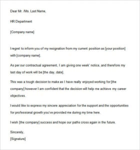 Printable 1-Week Notice Resignation Letter Template