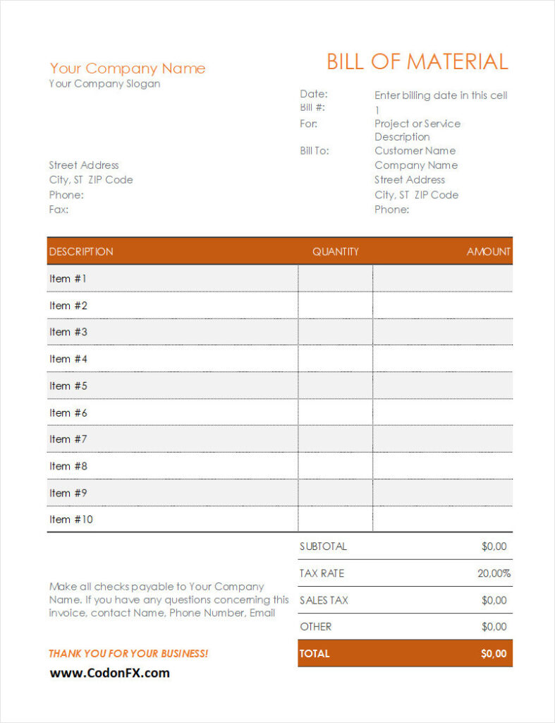 Free Printable Bill of Material Template