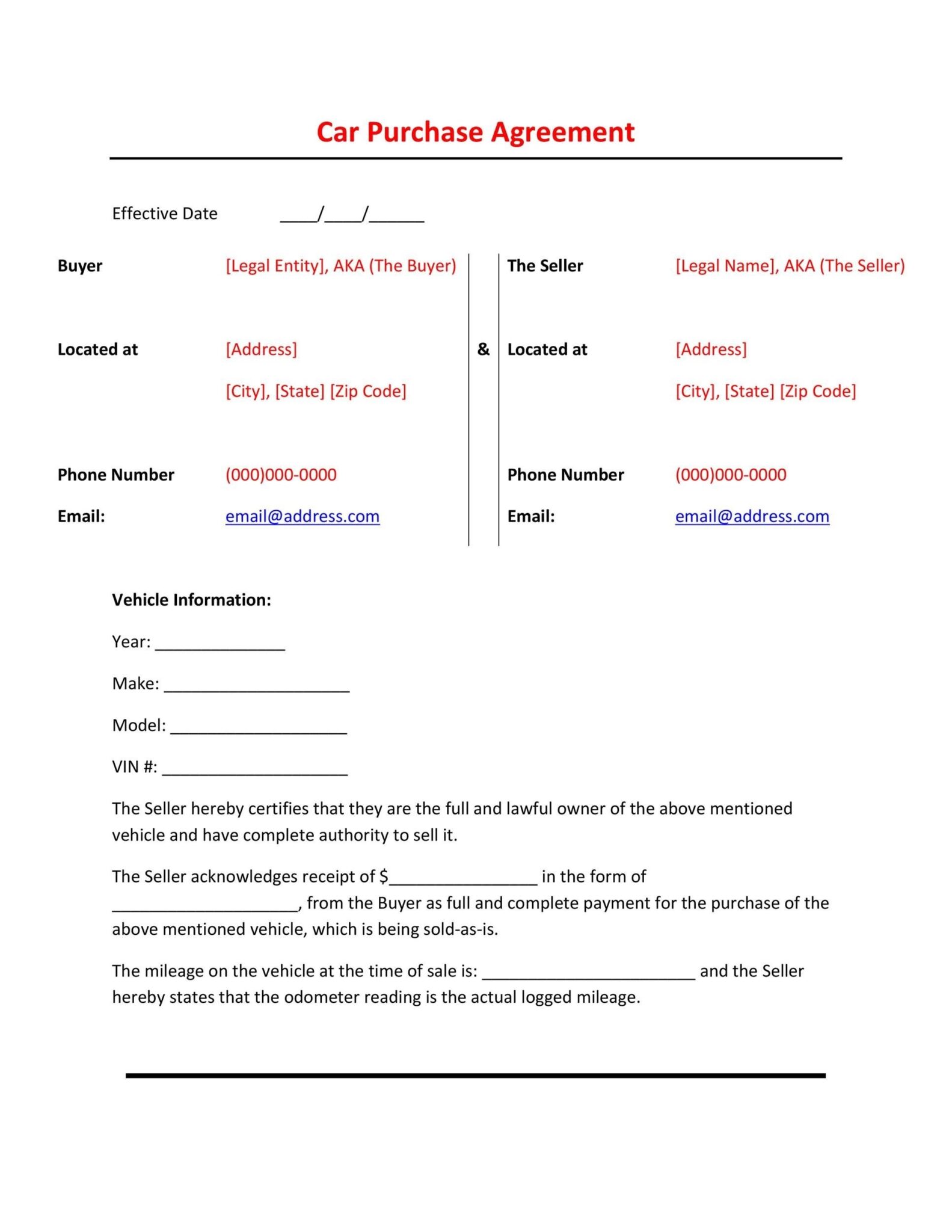 Car Sale Agreement Template (Word)