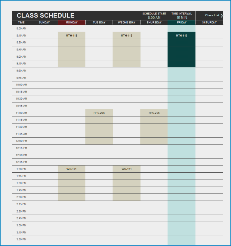 College Class Schedule Template (Excel)
