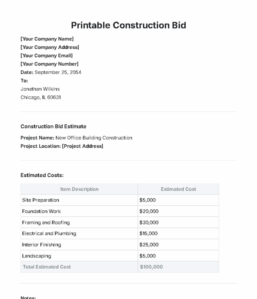 Construction Bid Template (Excel)