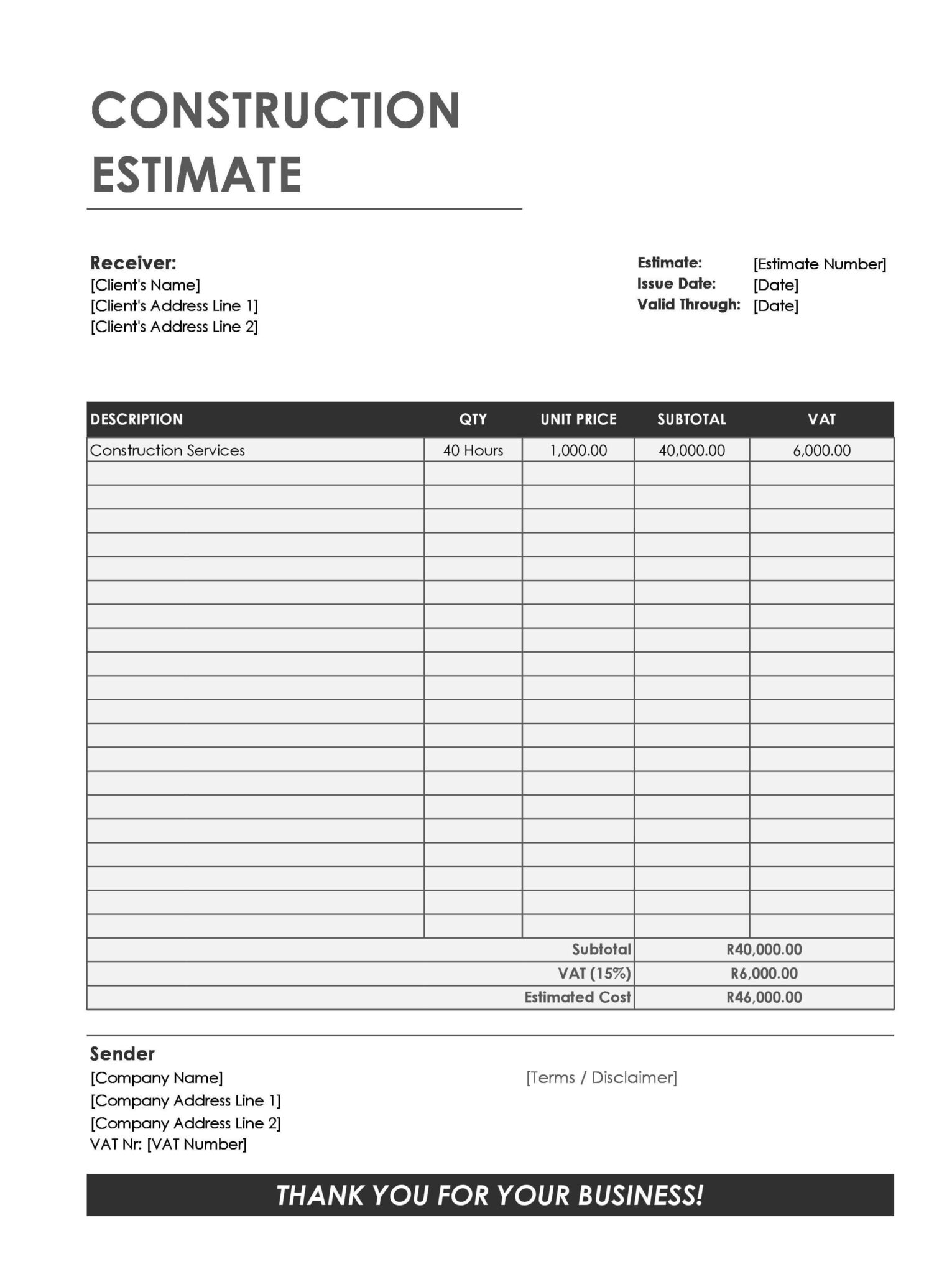 Construction Cost Estimate Template (Excel)