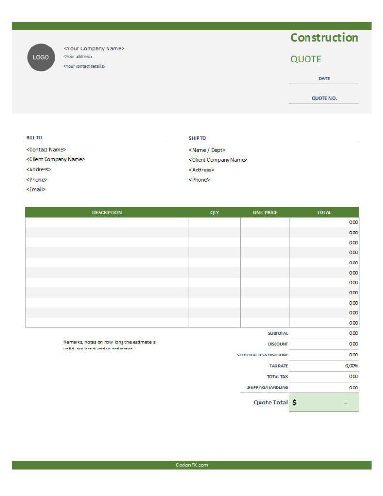 Free Construction Quote Template (Excel)
