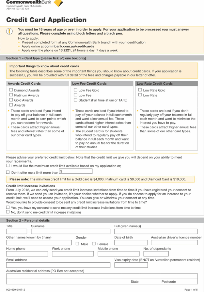 Printable Credit Card Application Form