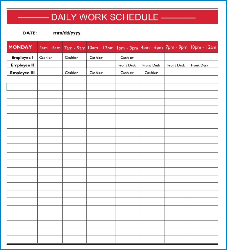 Printable Daily Work Schedule Template (Excel)