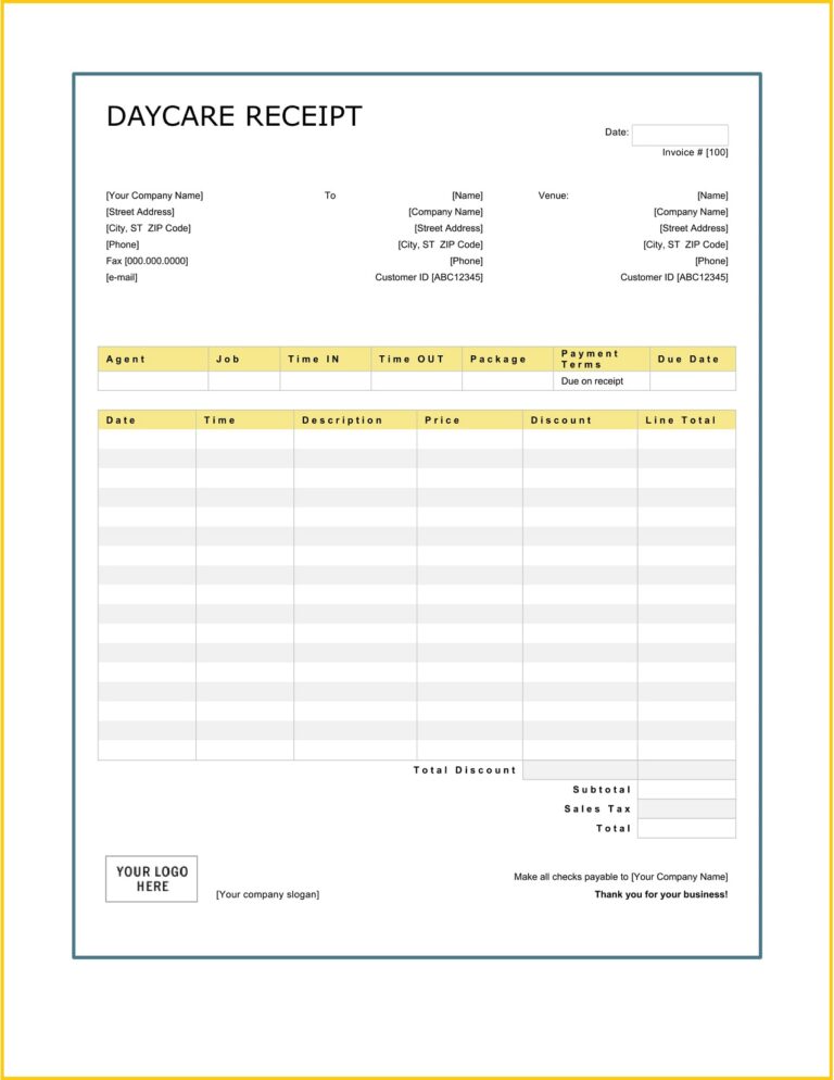 Day Care Receipt Template