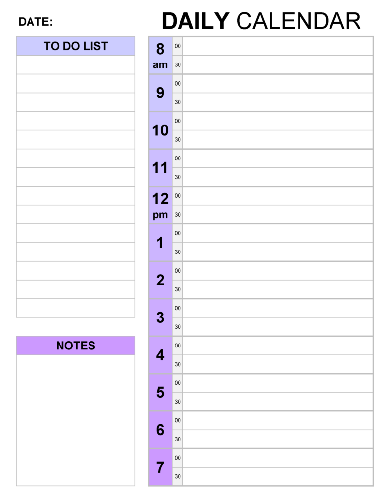 Printable Daily Calendar Template