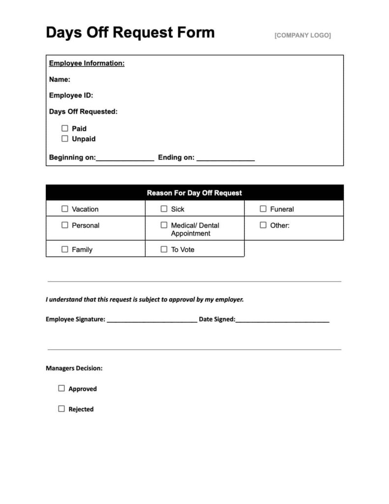 Printable Day Off Request Form