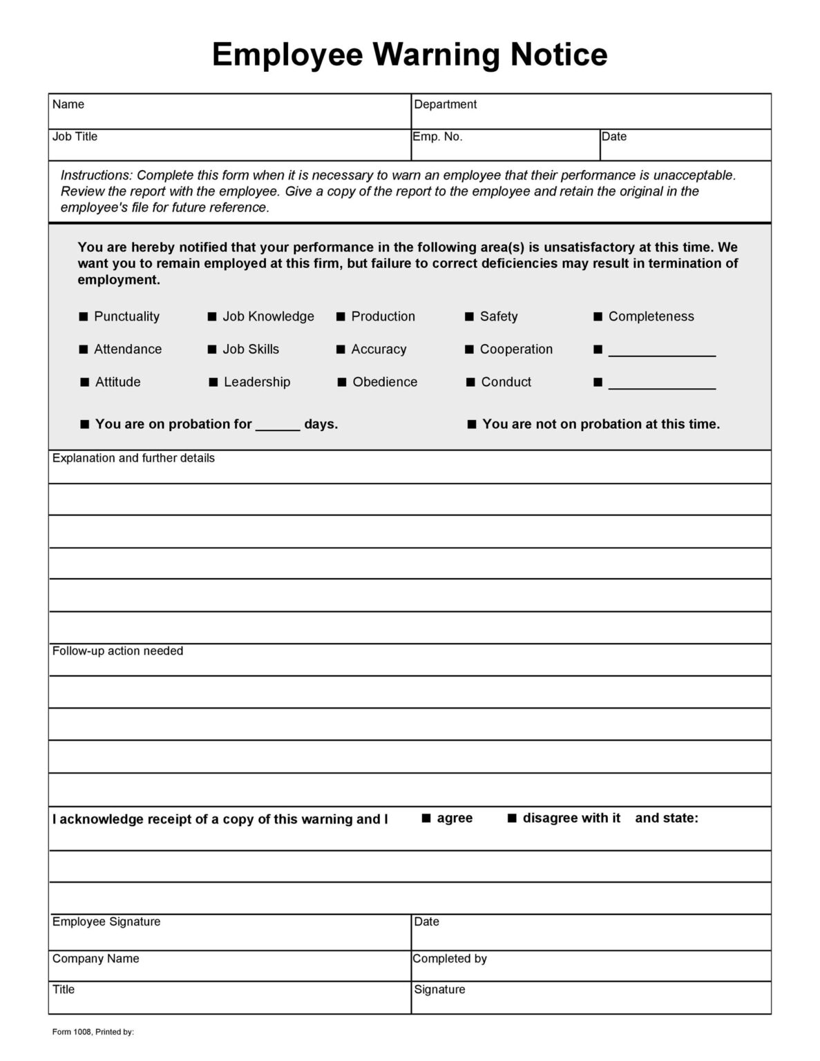 Printable Employee Warning Notice Form