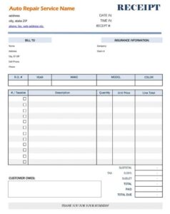 Printable Mechanic Shop Receipt Template