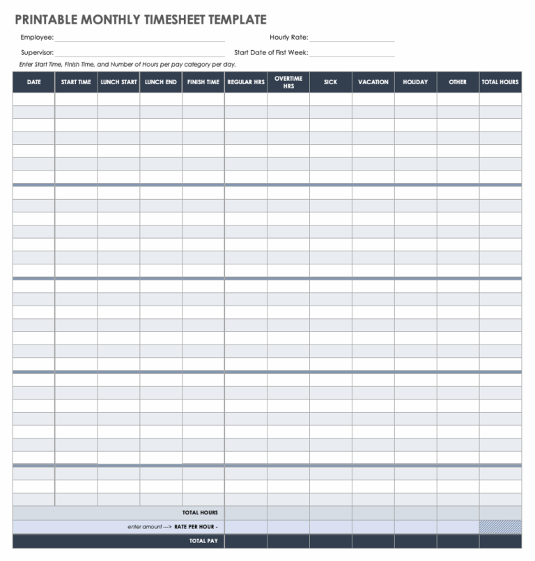 Free Printable Monthly Timesheet Template