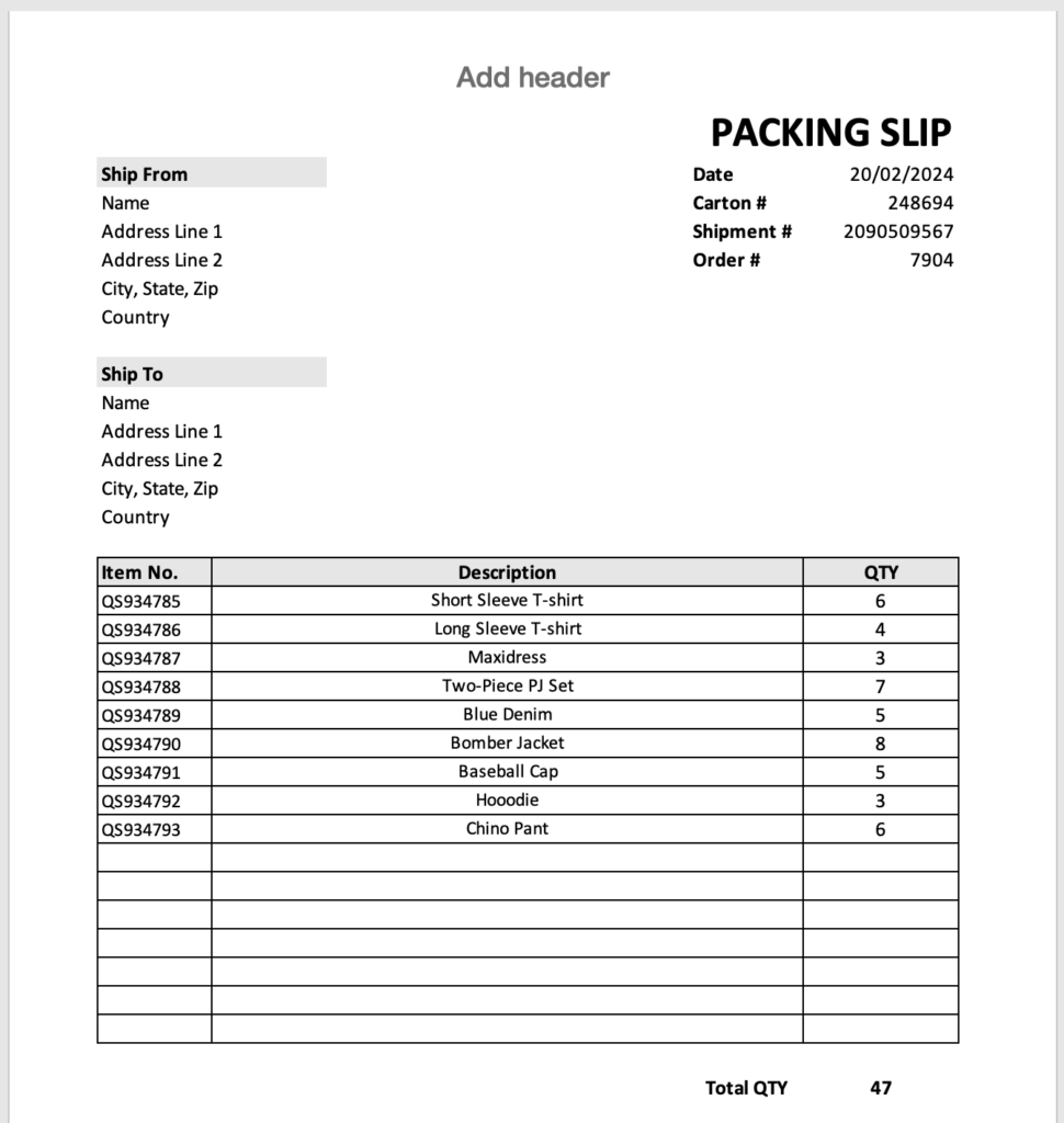 Free Printable Packing Slip Template