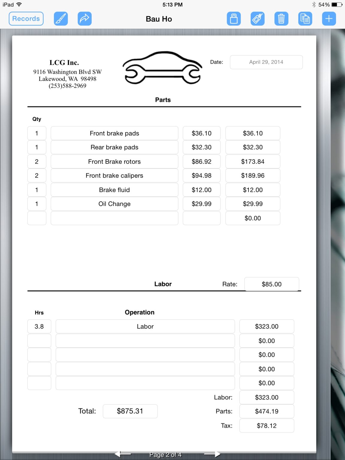 Printable Auto Repair Invoice Template