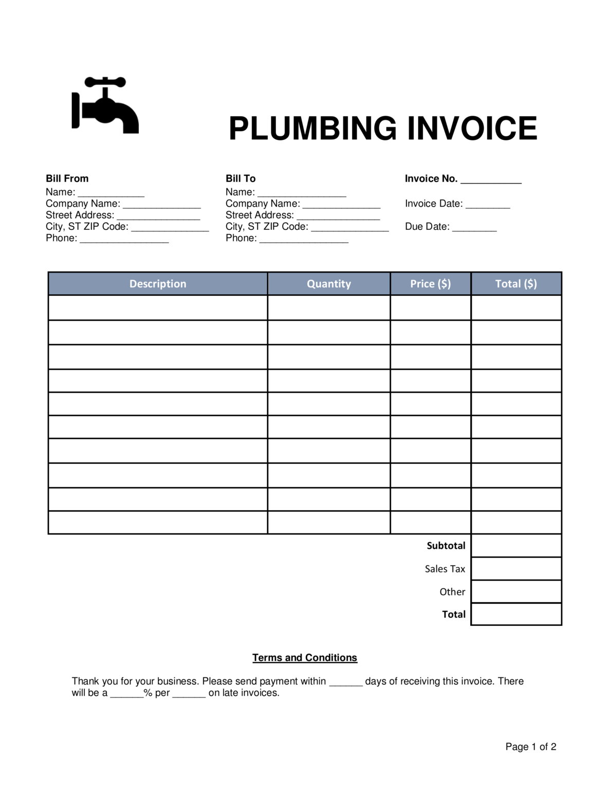 Printable Plumbing Receipt Template