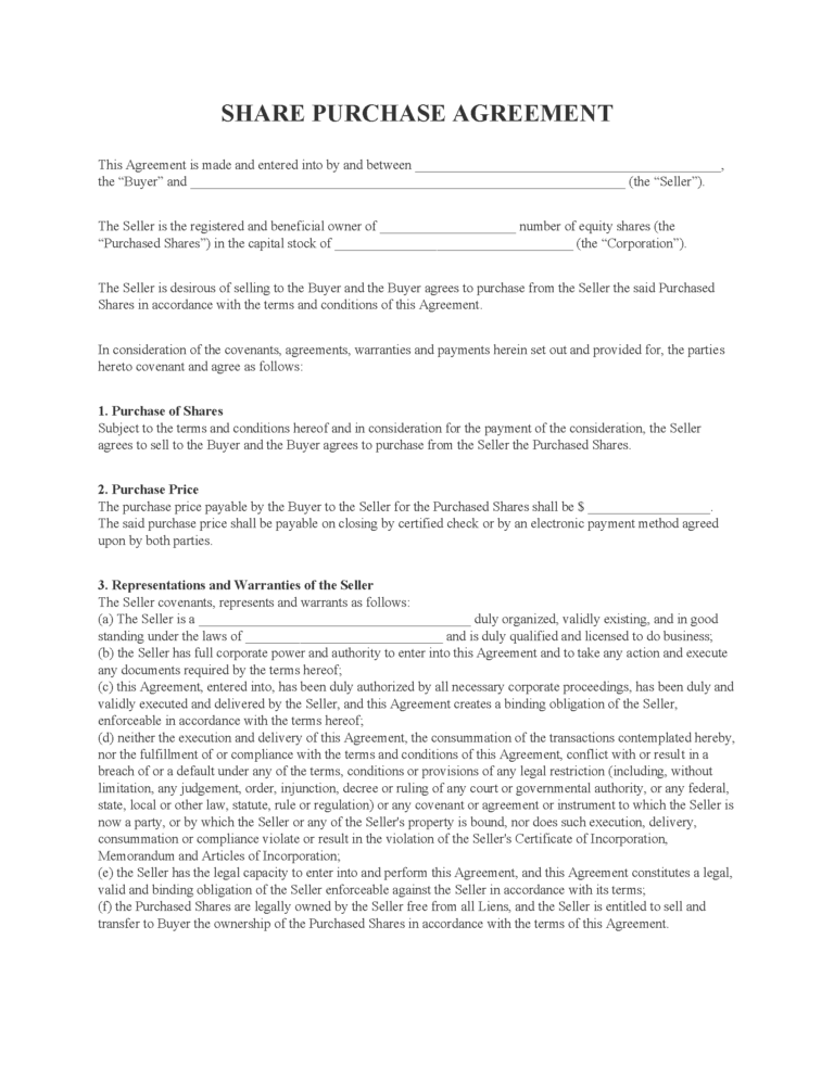Share Purchase Agreement Template