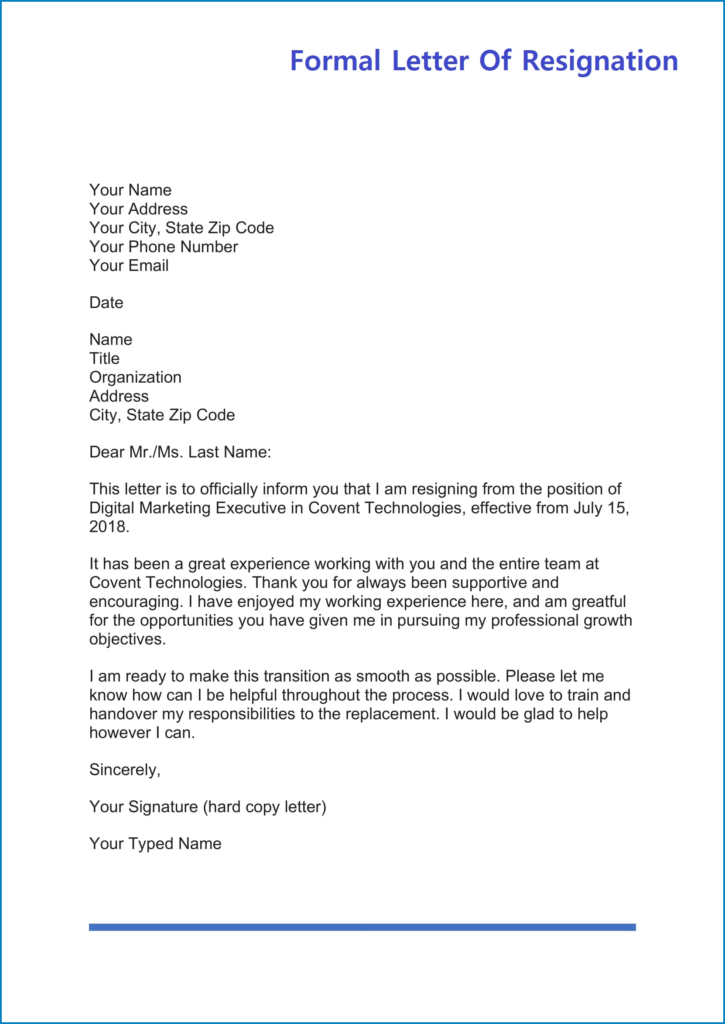 Formal Letter of Resignation Template