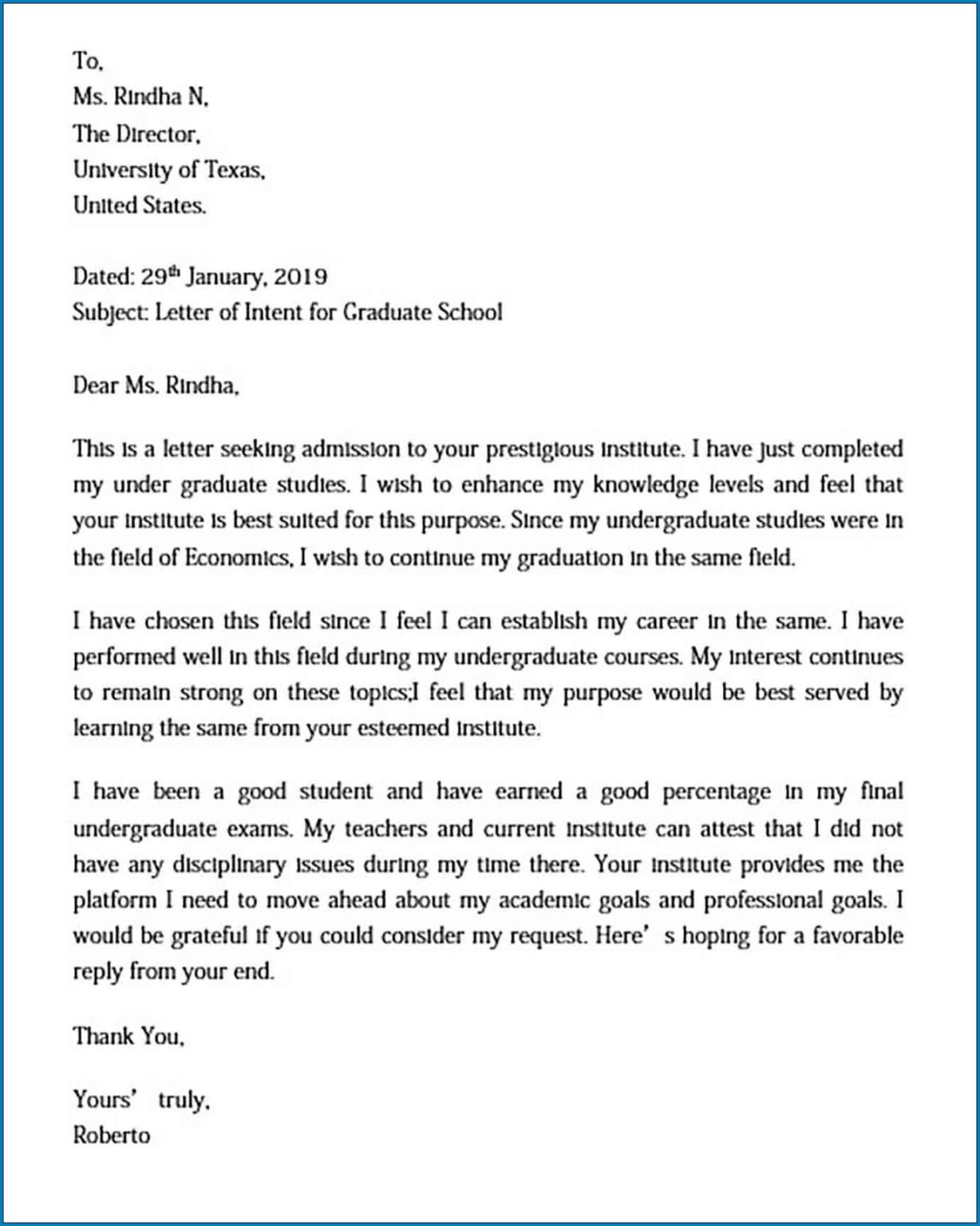 Graduate School Letter of Intent Template