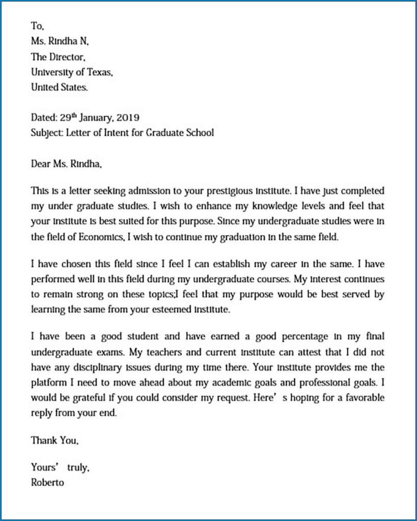 Graduate School Letter of Intent Template