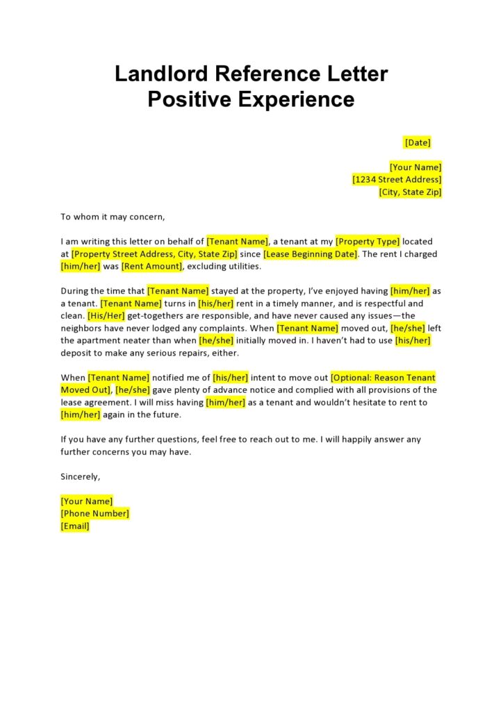 Landlord Recommendation Letter for a Tenant