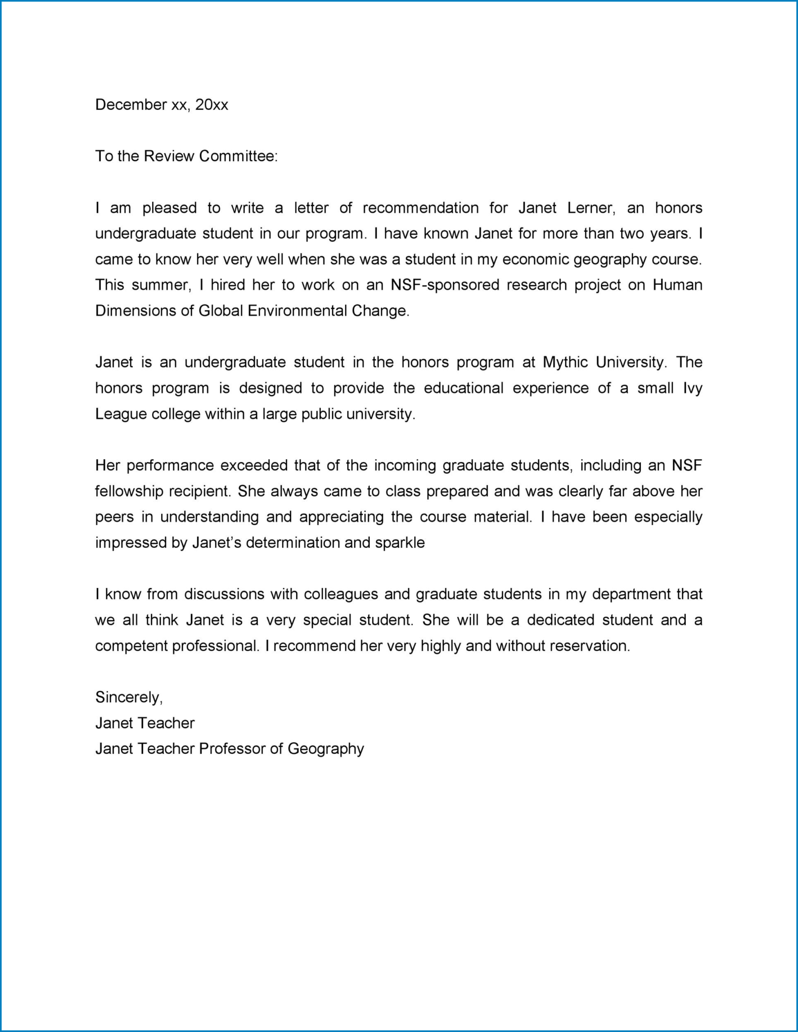Letter of Recommendation Template for Student