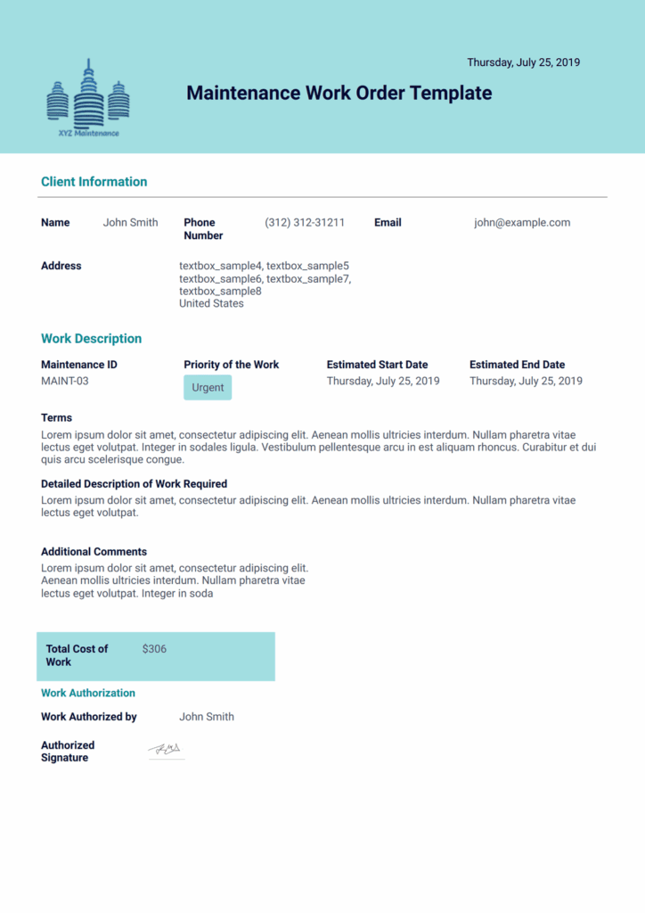 Printable Maintenance Work Order Template
