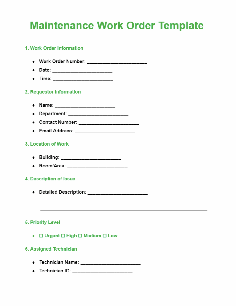 Printable Maintenance Work Order Template