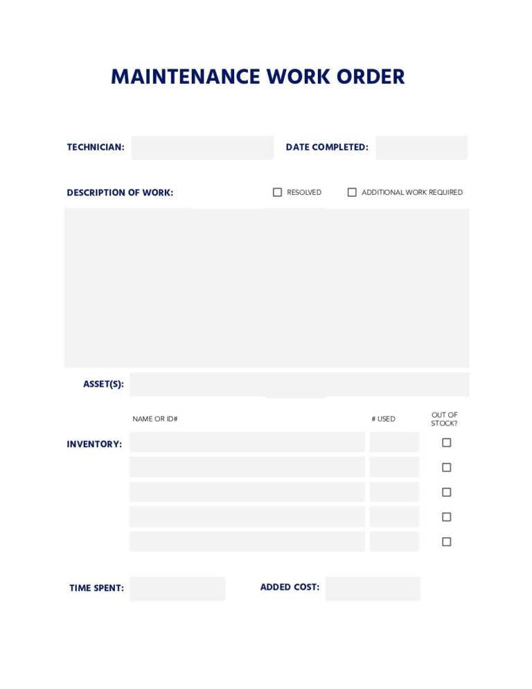 Printable Maintenance Work Order Template