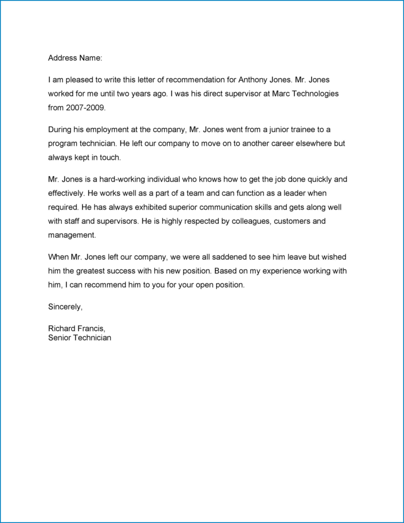 Manager Letter of Recommendation Template