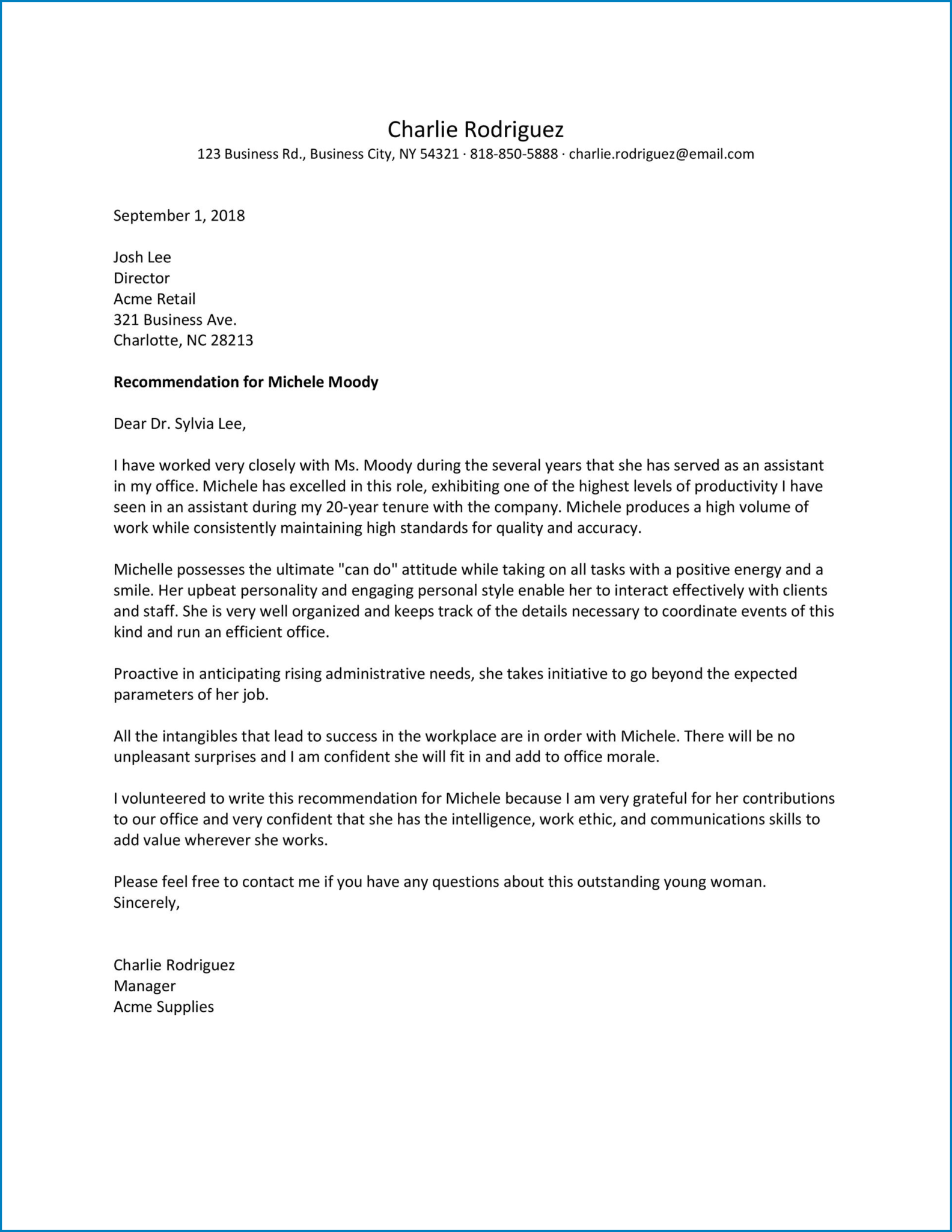Manager Letter of Recommendation Template