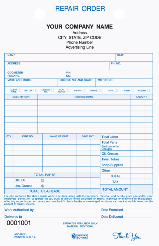 Printable Mechanic Shop Receipt Template