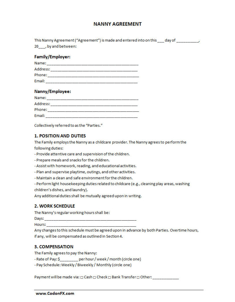 Free Customizable Nanny Agreement Template