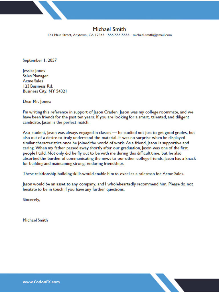 Free Personal Reference Letter Template