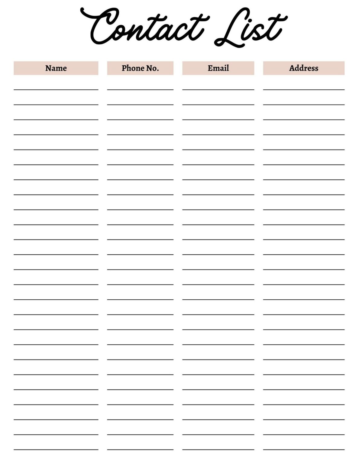 Free Printable Phone List Template
