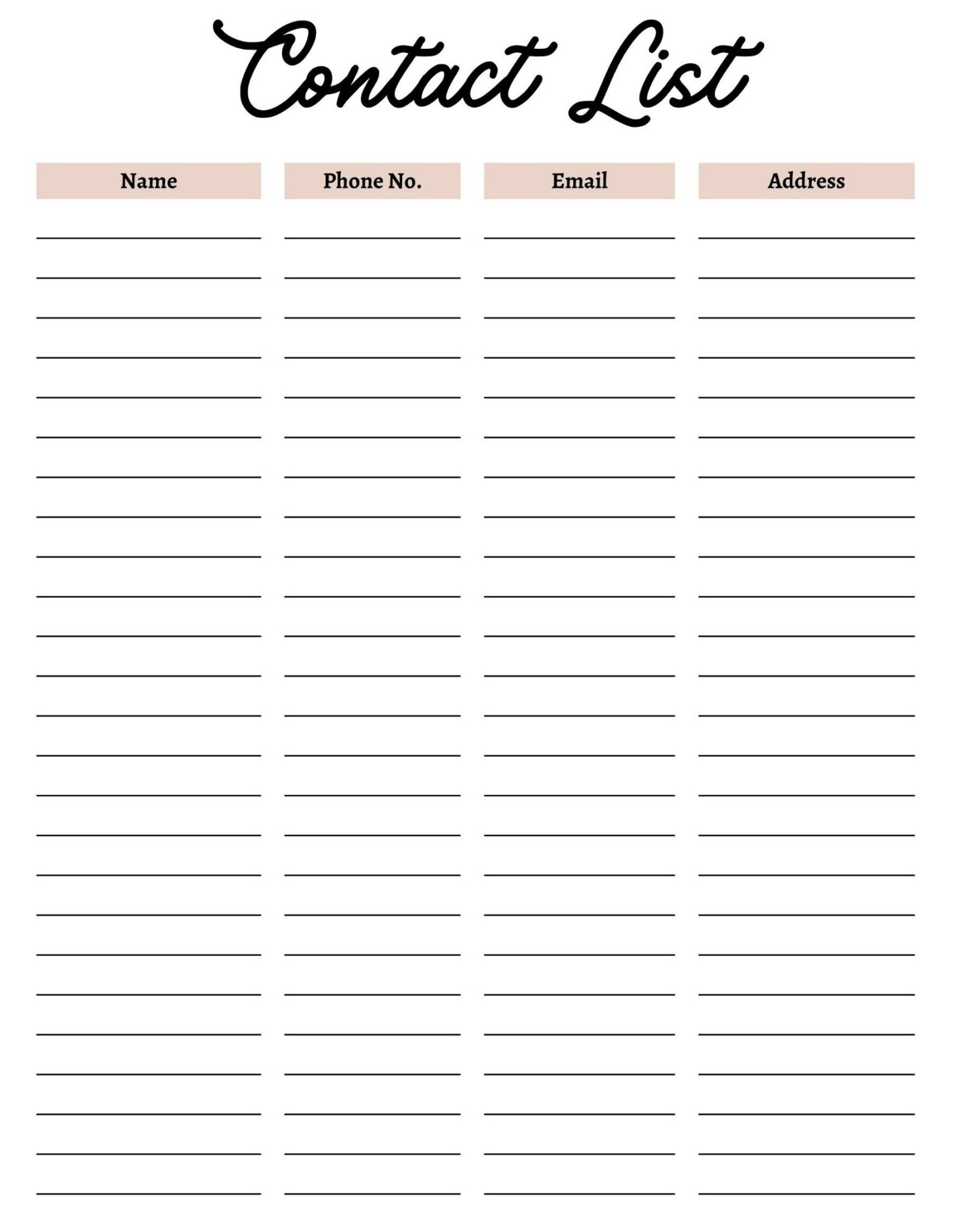 Free Printable Phone List Template