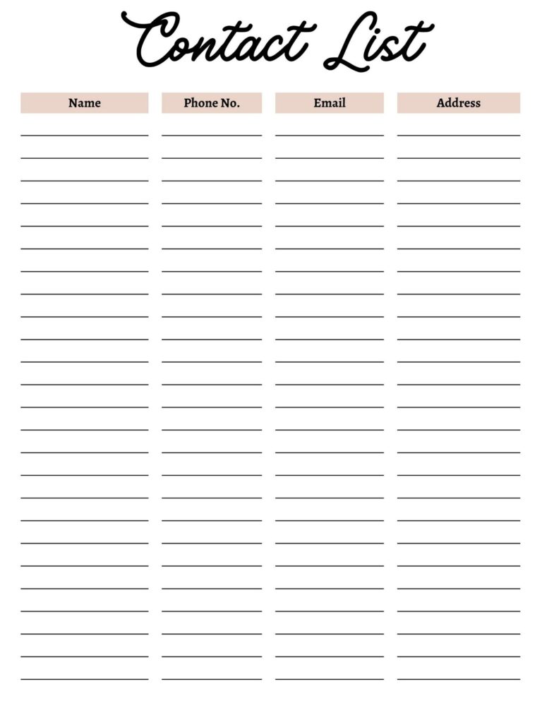 Free Printable Phone List Template