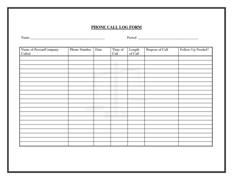 Printable Phone Call Log Template