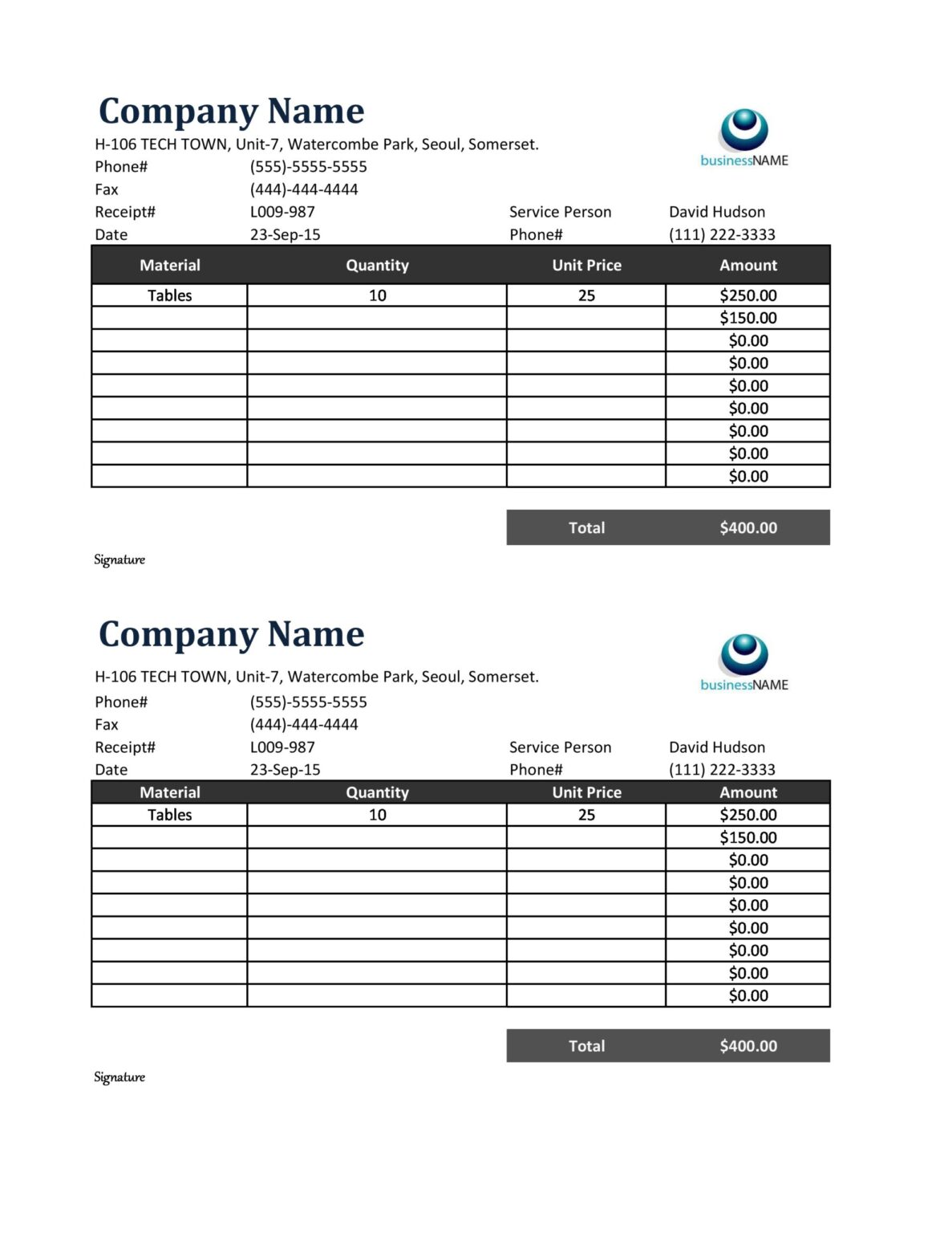Printable Purchase Receipt Template