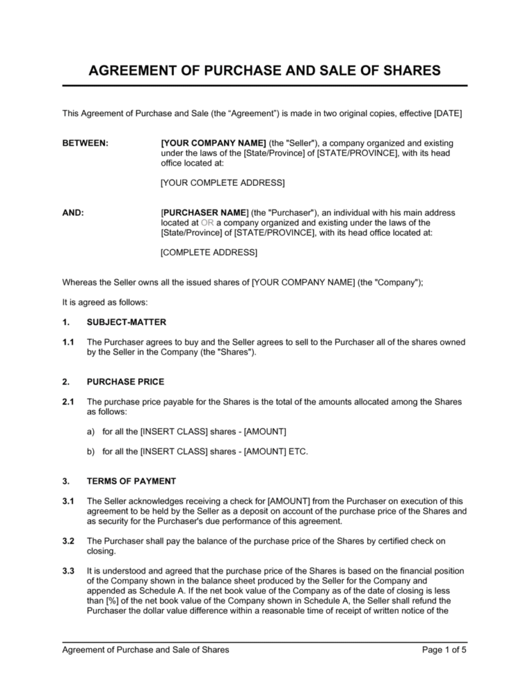 Share Purchase Agreement Template