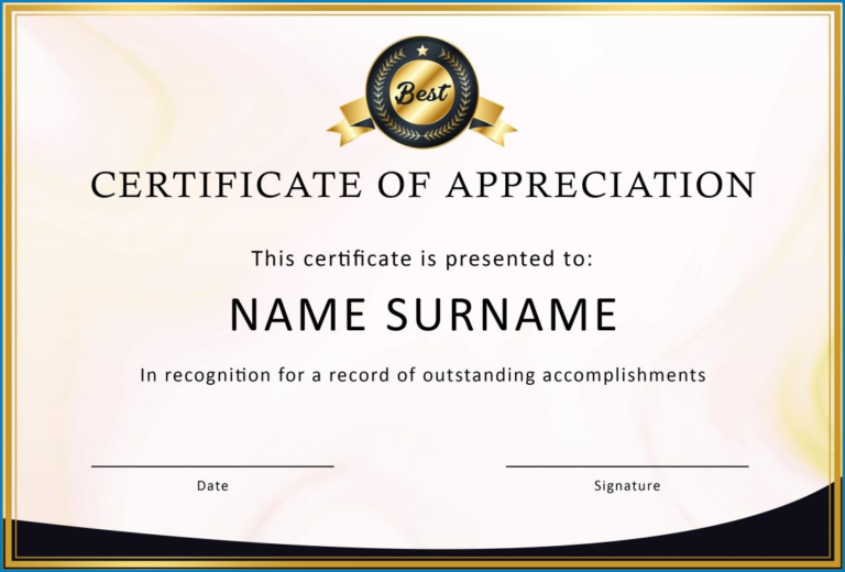 Printable Certificate of Appreciation Template (Word)