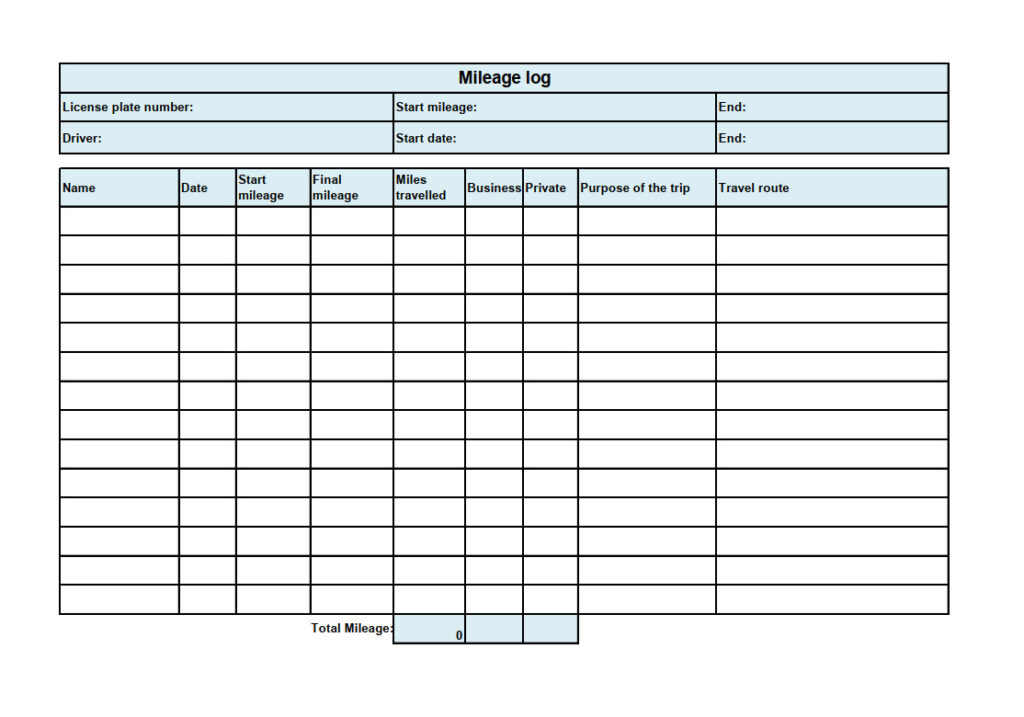 Printable Mileage Log Template