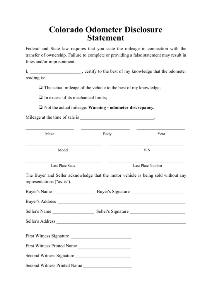Printable Odometer Disclosure Statement Form
