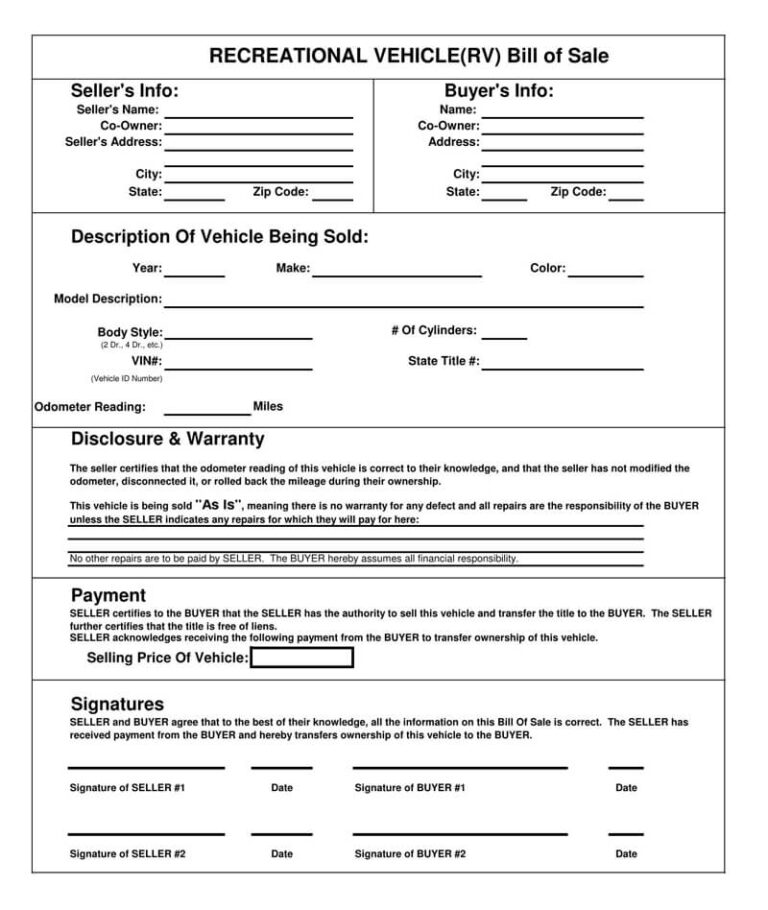 RV Bill of Sale Form Template