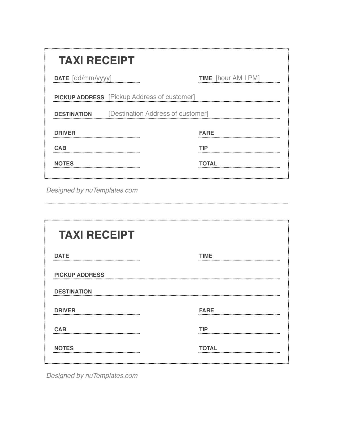 Printable Taxi Receipt Template