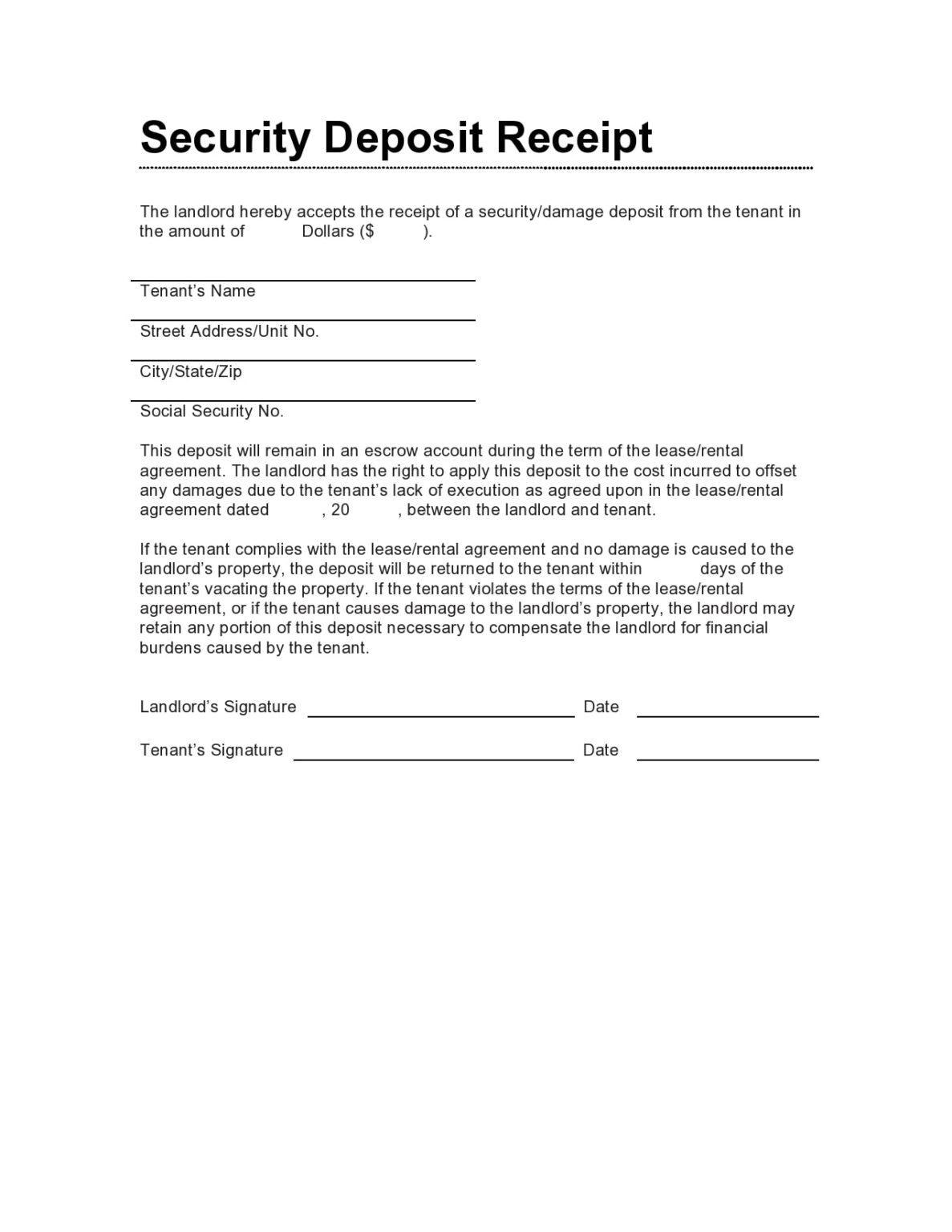 Security Deposit Receipt Template
