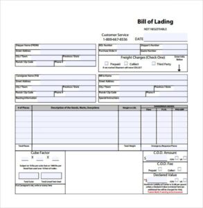 Printable Short Bill of Lading Form