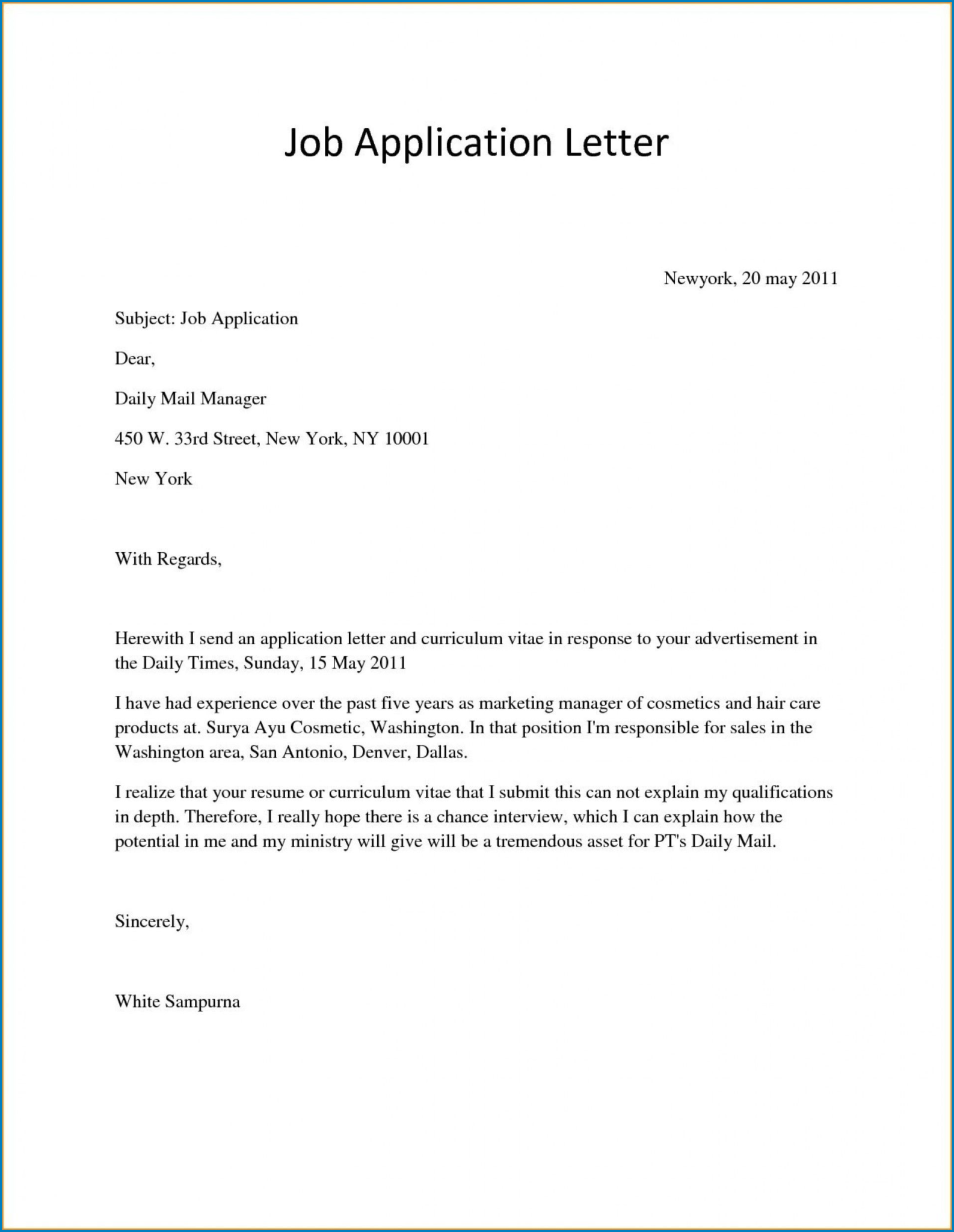 Simple Cover Letter For Job Application (Word)