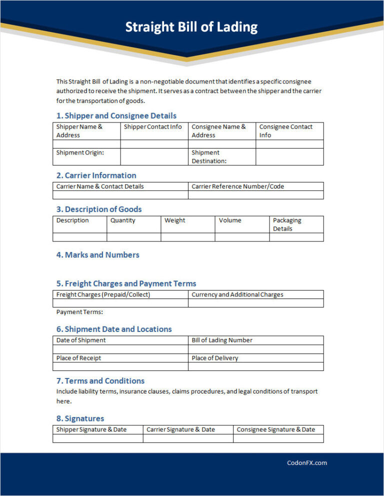 Free Printable Straight Bill of Lading Template