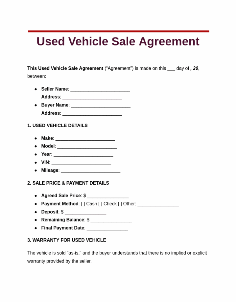 Used Car Sales Agreement Template