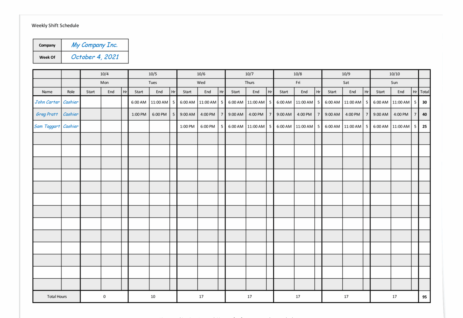 Weekly Employee Work Schedule Template