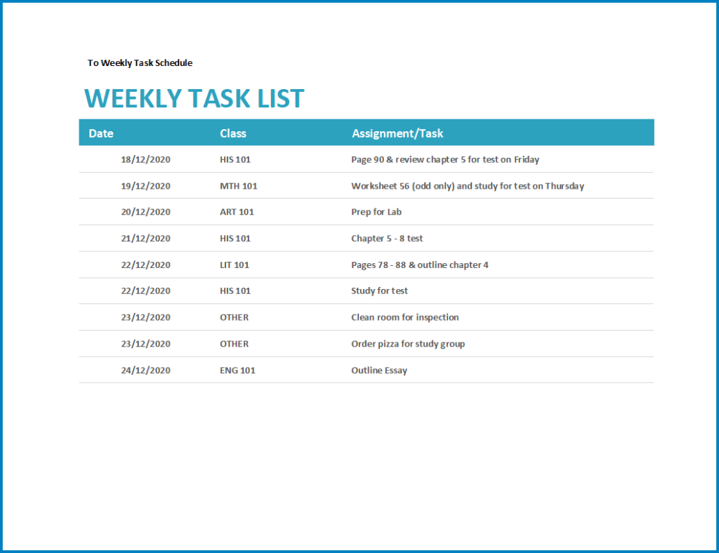 Printable Weekly Task List Template